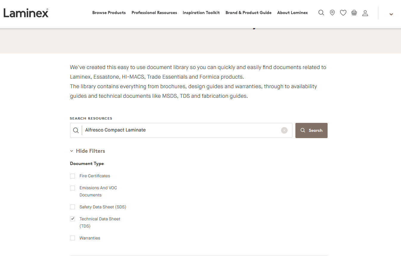 How do I find Technical Data Sheets (TDS) for Laminex products?